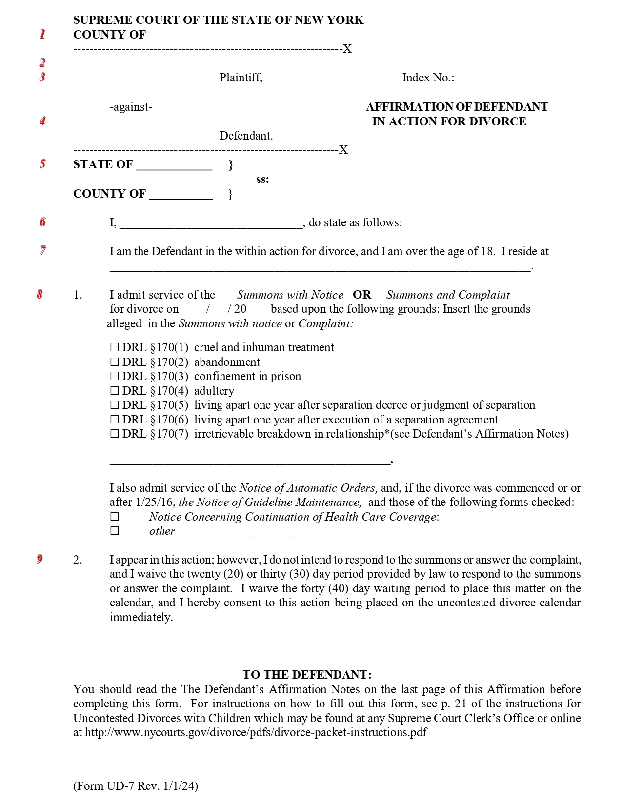 Form UD-7 Download: Affirmation of Defendant (PDF)